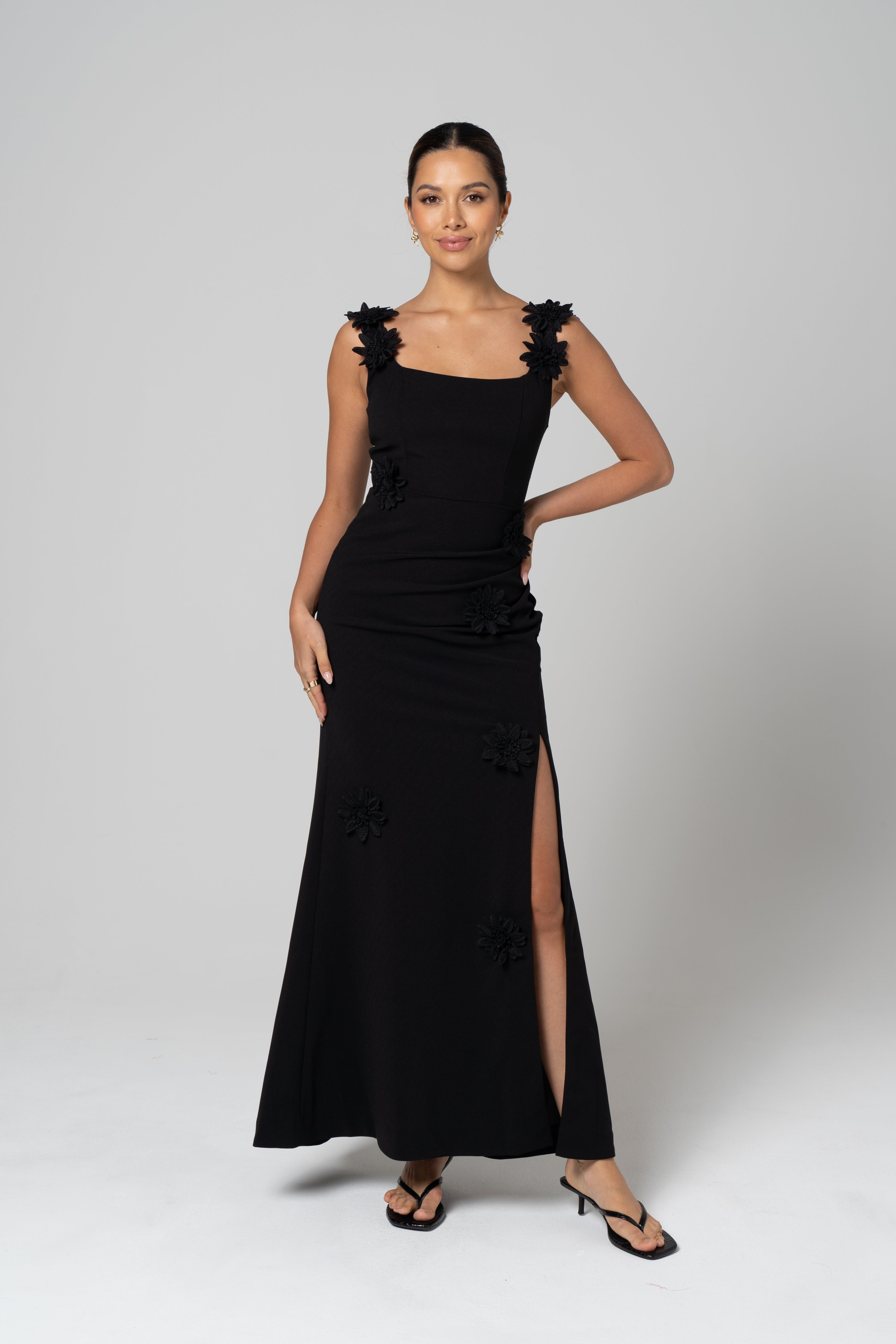 Luciana Black Midi Dress with 3D Flowers – All About May